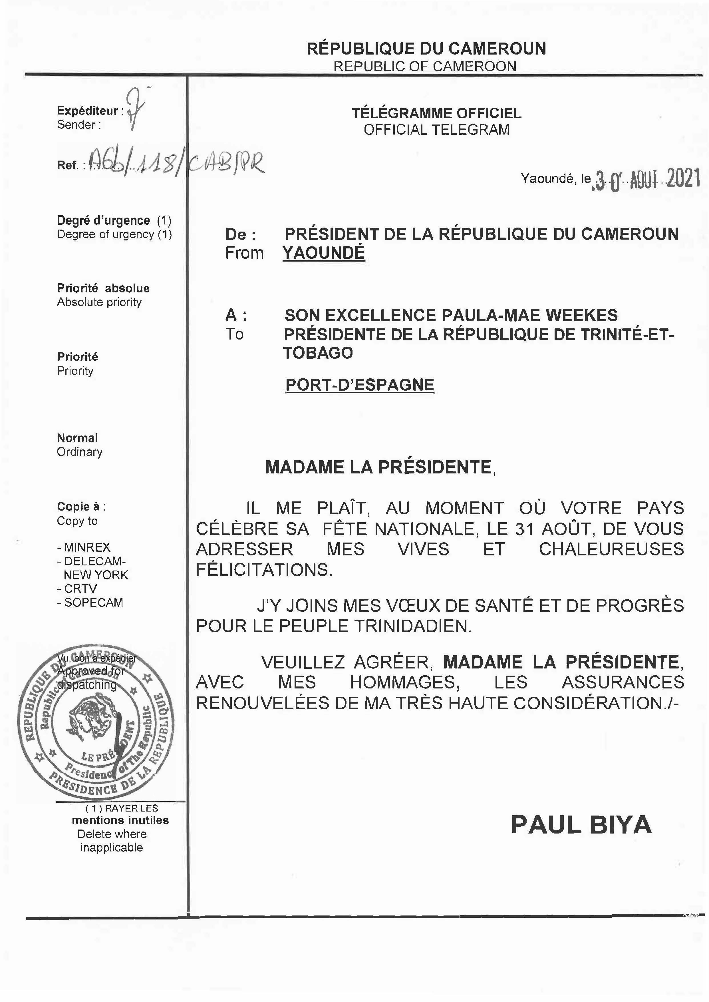 Message de félicitations du Chef de l’État à S.E. Paula-Mae Weekes, à l'occasion de la fête ...